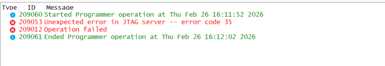 JTAG error (Unexpected error in JTAG server -- error code 35 and Can't ...